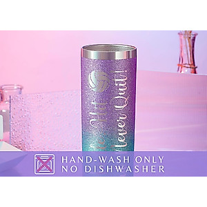 Onebttl Volleyball Gifts for Teen Girls & Team, Stainless Steel Kids Volleyball Tumbler, Double Wall Vacuum Insulated Bottle with Lid and Straw 20oz - Never Quit (Glitter Purple Blue)