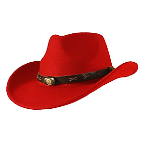 Cowboy Hat with Fringed Bandana Set for Women Wide Brim Western Cowgirl Hat Paisley Head Wrap Scarf (Red)
