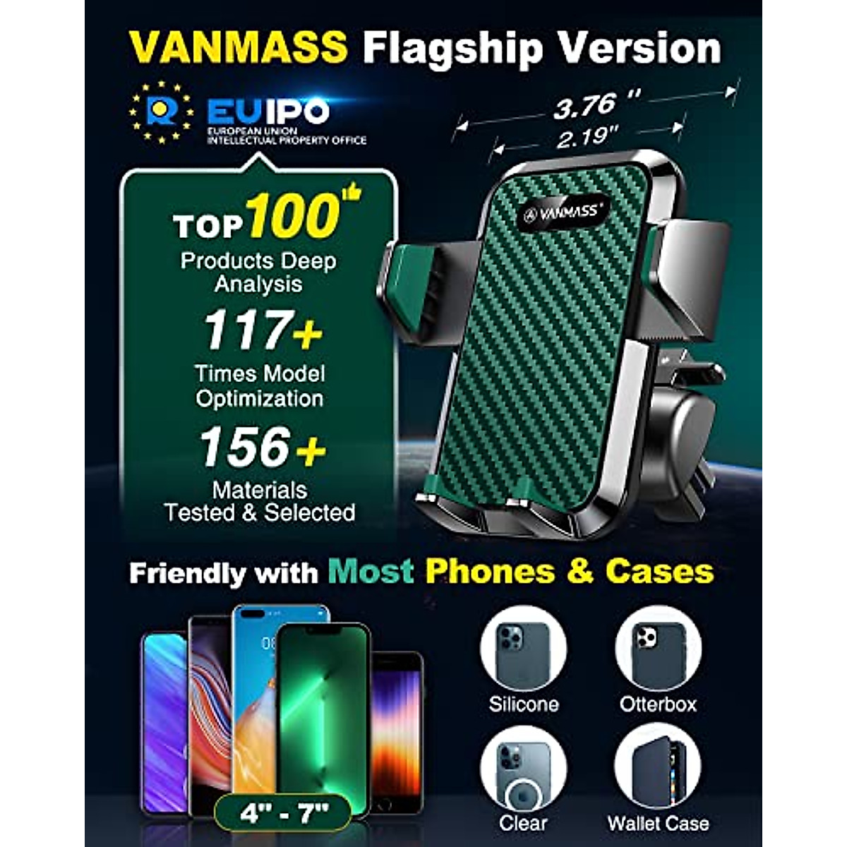 VANMASS [2023 Upgraded] Car Dashboard Phone Holder Mount [Super Suction Cup] Compatible for iPhone 13 Pro Max 12 11 X Xr 8 7 Plus Mini Se Universal Cell Phone Windshield Vent Handsfree Cradle，Green
