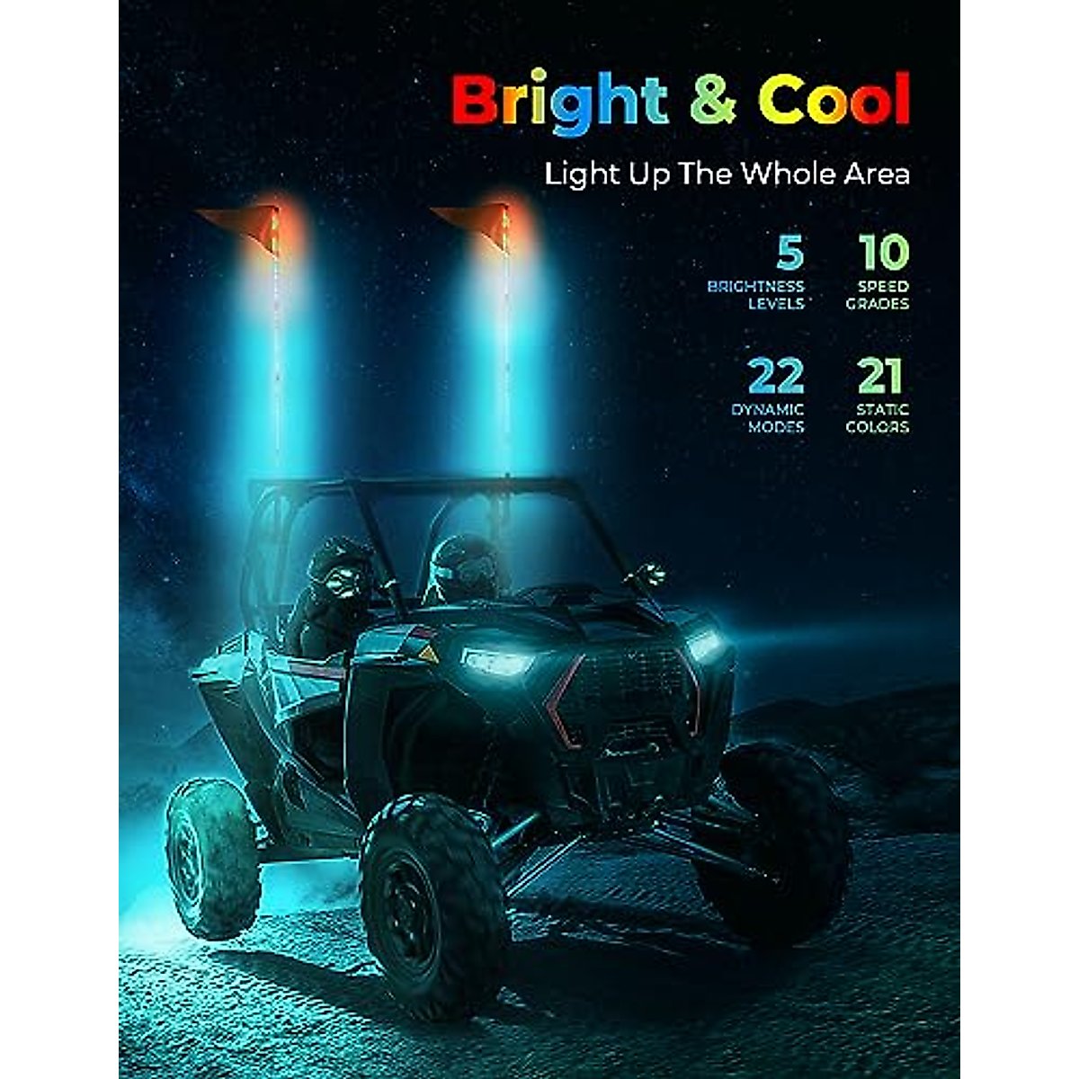 KEMIMOTO 5FT 2PCS LED Whip Lights with Spring Bases for UTV ATV, 22 Modes 21 Colors 5 Brightness 10 Speed IP67 Waterproof Wireless Control, compatible with Can Am Maverick X3 Polaris RZR Kawasaki SxS