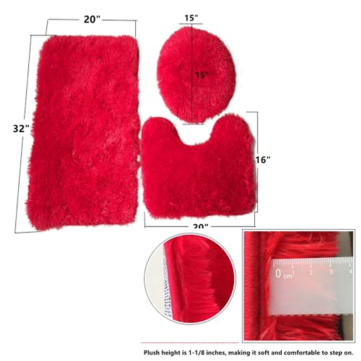 Bathroom Rugs Sets 3 Piece with Toilet Cover, Bath Mats for Bathroom Non Slip, U-Shaped Contour Toilet Mat,Ultra Soft Absorbent Bath Mat Set, Machine Washable Bath Rugs for Bathroom Floor (Red)