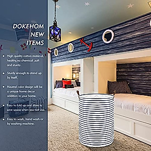 DOKEHOM 17.7-Inches Freestanding Laundry Basket with Lid, Collapsible Large Drawstring Clothes Hamper Storage with Leather Handle (Blue Stripe, M)