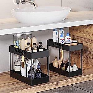 Wekin Under Sink Organizers & Storage 2 PCS, 2 Tier Under Cabinet Basket Organizer for Kitchen Bathroom, 2 Size Multi-Usage Storage Shelf with Hooks, Under the Sink Standing Stackable Rack for Bath