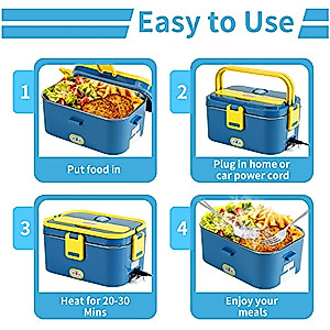 COZYEXPERT Electric Lunch Box 60W Food Heated 12V 24V 110V Faster Food Warmer Heater for Car/Truck/Home Portable Heating Boxes with 1.8L 304 SS Container Fork & Spoon (Light blue+Yellow)