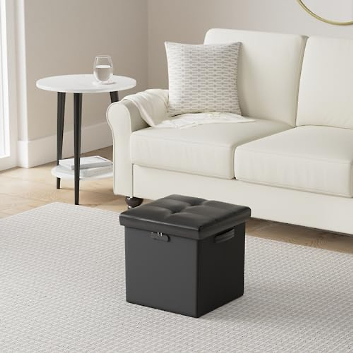 ENGPOW Storage Ottoman,Fireproof ＆ Waterproof Folding Ottoman Cube Storage Stool with Lock,Leather Square Ottoman Storage Chest Safe for Living Room, Bedroom, Home Office,Dorm,15"x15"x15",Black