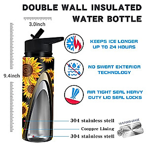 Weboia Sunflower Sports Water Bottle 24 Oz 4 Lids Stainless Steel with Straw Sunlfower Gift for Women Insulated Birthday Christmas Sunlfower Gifts For Friend,Mom,Sister,Daughter
