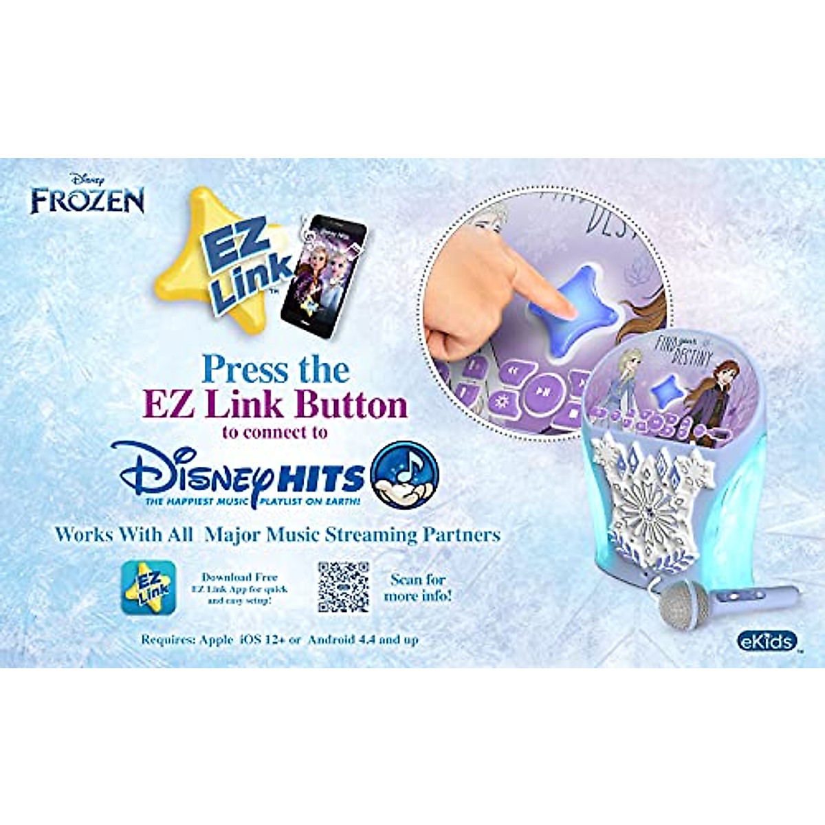eKids Disney Frozen Karaoke Machine, Bluetooth Speaker with Microphone for Kids, Speaker with USB Port to Play Music, Easily Access Frozen Playlists with New EZ Link Feature