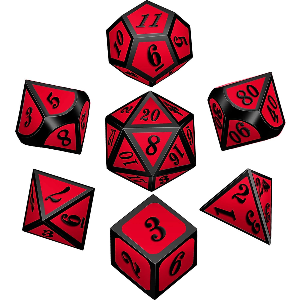 Bememo Polyhedral Metal Dices Set Zinc Alloy with Enamel Solid Metal Compatible with DND Game, Tabletop RPG, Dungeons and Dragons, Math Teaching, 7 Pieces Dice Set with Black Velvet Bag (Black Red)
