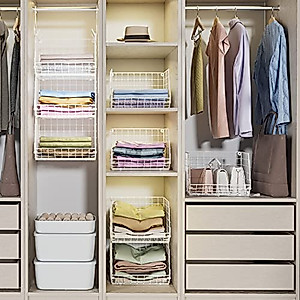 X-cosrack 3 Tier Foldable Closet Organizer, Clothes Shelves with 5 S Hooks, Wall Mount&Cabinet Wire Storage Basket Bins, for Clothing Sweaters Shoes Handbags Clutches Accessories-White Patent Design