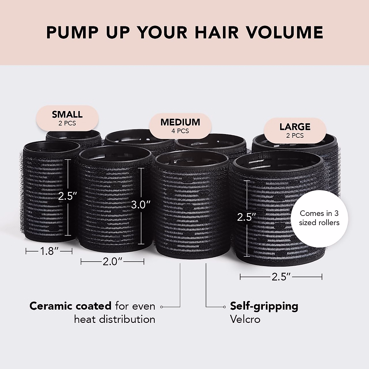 Kitsch Ceramic Thermal Rollers - Self Grip Hair Rollers for Blowout Look Long Hair, Curlers for Short Hair and Medium Hair, Volume Curls, Ceramic Coated Core, Valentines Gift for Her - Black, 8pc