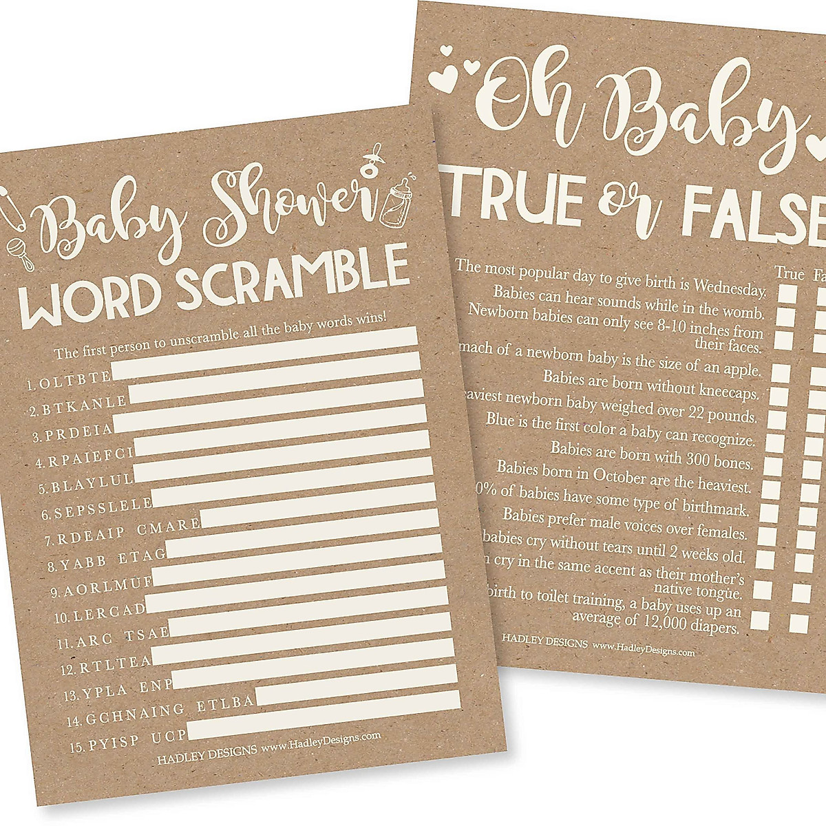 25 Rustic Word Scramble For Baby Shower, 25 True Or False Game, 25 Baby Animal Matching, 25 Nursery Rhyme Game - 4 Double Sided Cards Baby Shower Ideas, Baby Shower Party Supplies