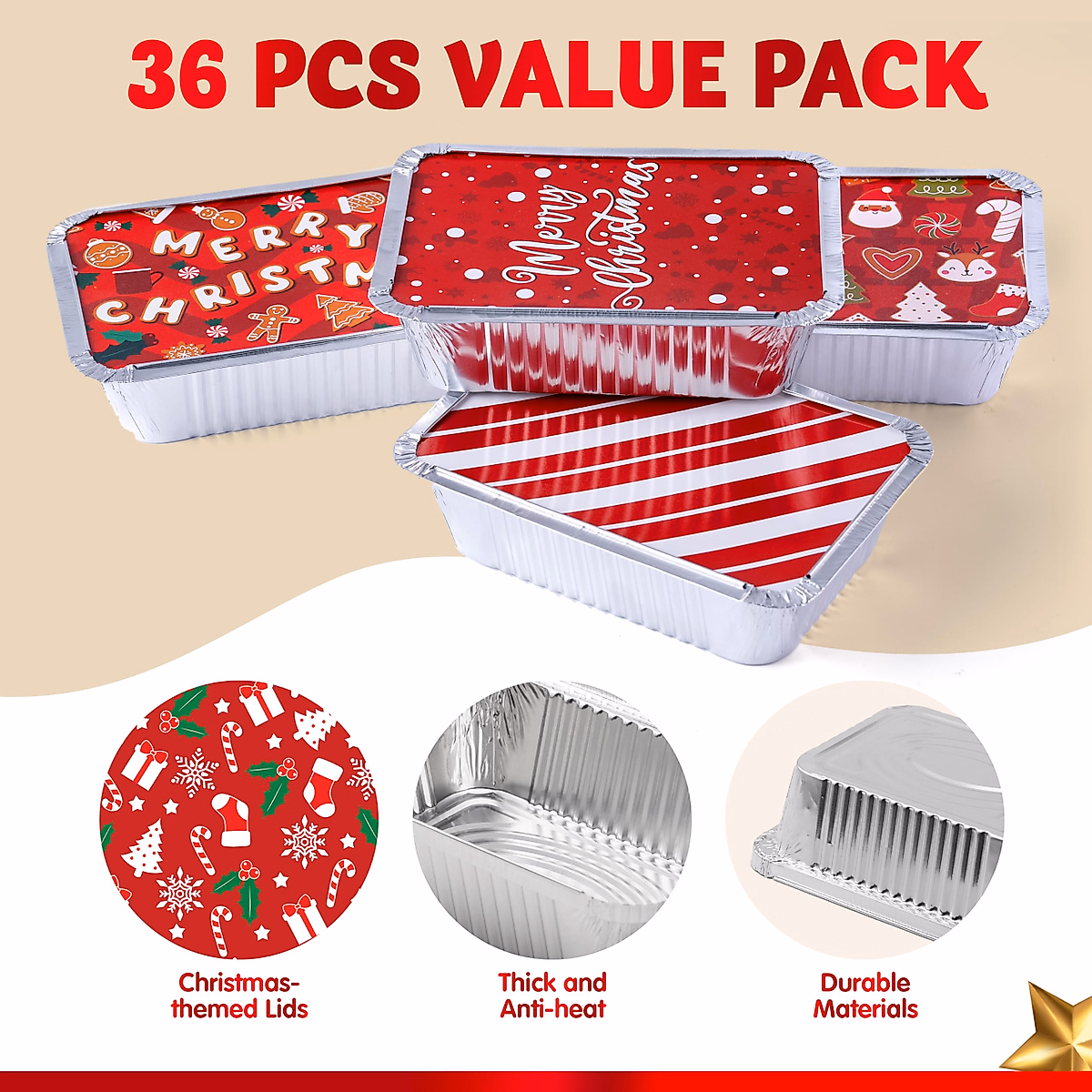 JOYIN 36 Pieces Christmas Foil Containers with Lids, 9 Holiday Designs, 7"x5"x2" Rectangular Treat Foil Containers, Disposable Food Storage Pan for Holiday Leftovers Goodie Container