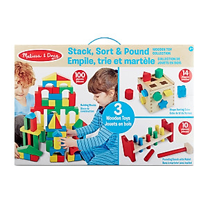 Melissa & Doug Stack, Sort & Pound Wooden Toy Collection (Building Blocks, Shape Sorter, Pounding Bench)