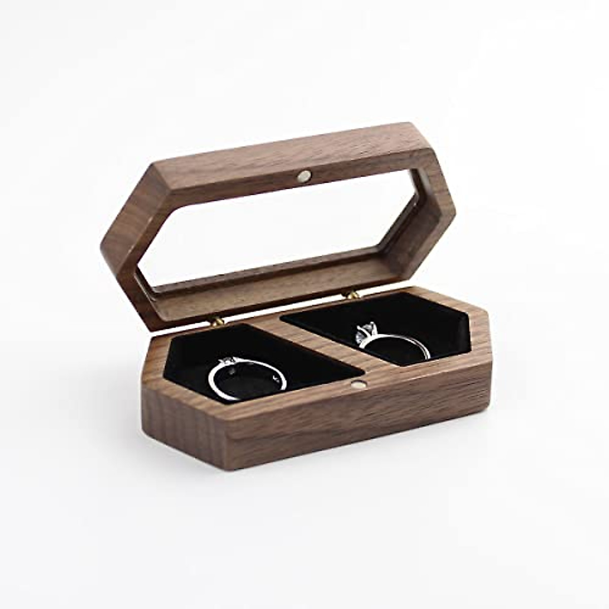 Wooden Ring Box Transparent Lid Couple Rings Box for Engagement Wedding Box Two Slots Black Velvet Small Jewelry Box for Stud Earrings Bracelet Necklace
