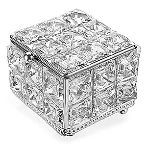 ELLDOO Crystal Jewelry Box Square Trinket Organizer with Lid Earrings Rings Vintage Treasure Keepsake Box for Valentine Wedding Dresser Bedroom Decoration, Silver