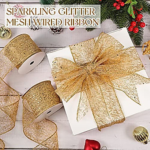 2 Rolls 20 Yards Metallic Wired Ribbons Glitter Ribbon Rose Gold Ribbon for Crafts Valentine Floral Bow Making DIY Gift Wrapping Wedding Party Home Decor (Gold, 2.5 Inch)