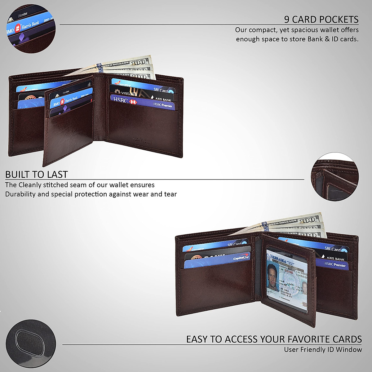 NeoMonte Genuine Leather Minimalist Wallet with RFID protection 9 Credit Card and 2 ID Slots, Sleek Bifold Wallet for Men