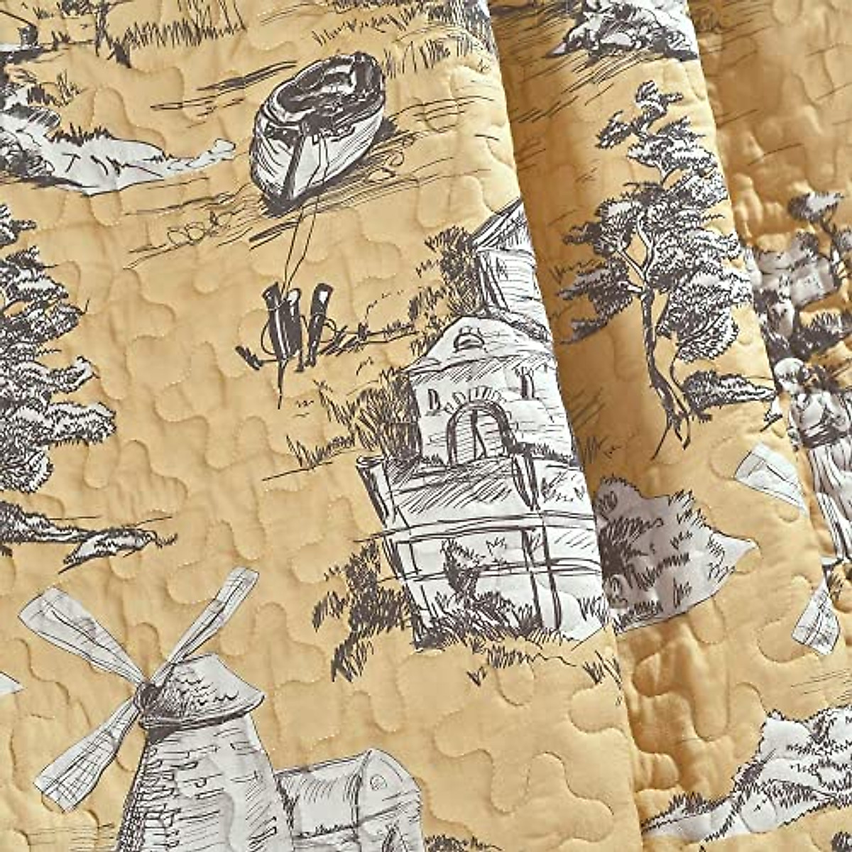 Lush Decor French Country Toile Cotton Reversible Throw Blanket, Yellow & Gray, 60" x 50"