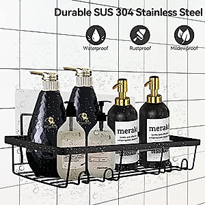 KAREEME Shower Caddy, Shower Shelf with 8 Hooks, 5-Pack Self Adhesive Bathroom Shower Organizer with 2 suction cup hooks, No Drilling Stainless Steel Rustproof Shower Shelves for Inside Shower(Black)