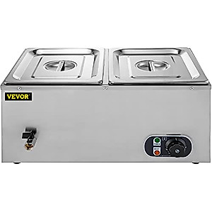VEVOR 110V 2 Commercial Food Warmer 850W Electric Steam Table 15cm/6inch Deep Stainless Steel Bain Marie 11Quart/Pan for Buffet Catering, Silver