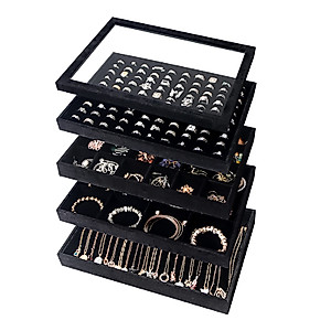 Pengup 5 Pcs/set Stackable Jewelry Organizer Trays,Rings Necklaces Earrings Bracelets Display Storage Trays Holder with Glass Lid (Black Velvet)