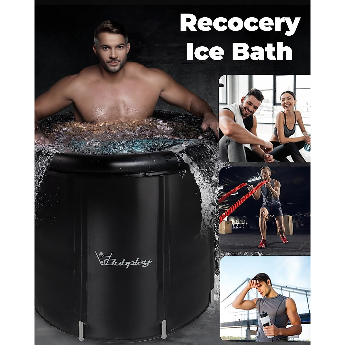 XL Ice Bath Tub for Athletes & Adults - 105 Gallons Ice Tub, Cold Plunge Tub with Cover, Ice Plunge Tub for Recovery & Cold Water Therapy, Inflatable Ice Bath Barrel for Indoor Outdoor- Black