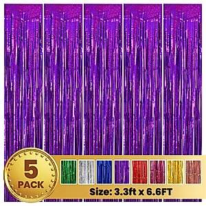 pabues 5 Pack 3.3ft x 6.6ft Laser Purple Tinsel Curtain Party Backdrop -Glitter Foil Fringe Curtain for Birthday Graduation Engagement Bridal Shower Bachelorette Baby Shower Party Decorations