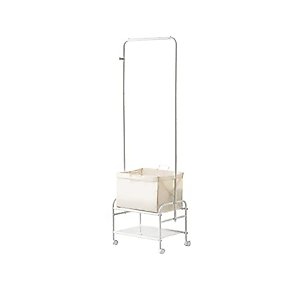 Hall tree Rack on wheels ,3 sections Laundry Cart on Entrance with shoe Storage Frames, top metal Garment Hanger rob, a removable Laundry Bag for organiser or storage,metal coat rack (white)