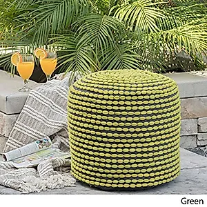 Great Deal Furniture Collier Outdoor Handcrafted Modern Water-Resistant Fabric Cylinder Pouf Ottoman, Green