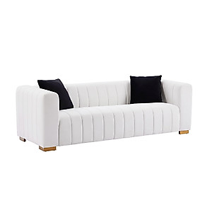 kevinplus 87.8'' Velvet Sectional Sofa Couch for Living Room, Modern Contemporary Chesterfield 3-Seat Sofa Couch for Apartment Bedroom Office, Strong Gold Metal Legs, 2 Pillows, White