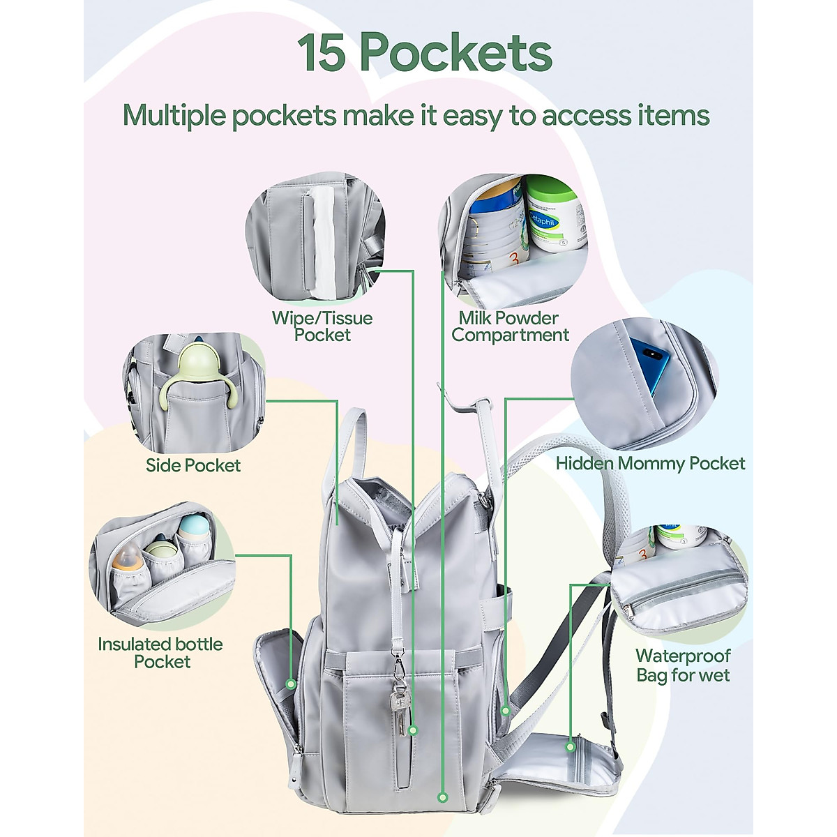 AUYRE Diaper Bag Backpack Large Diaper Bag Travel Backpack with Insulated Pockets & Stroller Straps Baby Shower Gifts Large Capacity, Waterproof, Grey