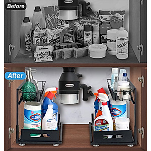 JUPELI Under Sink Organizers and Storage, 2 Tier Pull Out Under Sink Storage for Kitchen With Sliding Drawer, Metal Height Adjustable Bathroom Cabinet Organizer Shelf, Kitchen Organizers and Storage