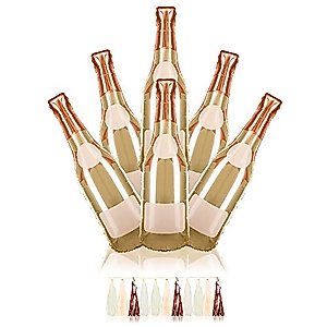 VP Products 6 Piece Champagne Balloon Bouquet + 1 Tassel Garland - Perfect Kit for Bridal Shower, Bachelorette and Birthday Party - 41" Foil Balloon - Silver and Rose Gold Party Decorations
