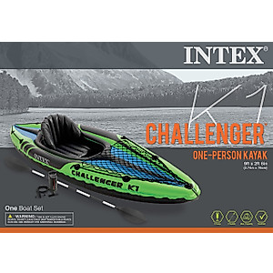 Intex Challenger K1 1 Person Inflatable Sporty Kayak with a 86 Inch Long Aluminum Oar and Hand Pump for Lakes and Mild Rivers, (3 Pack)
