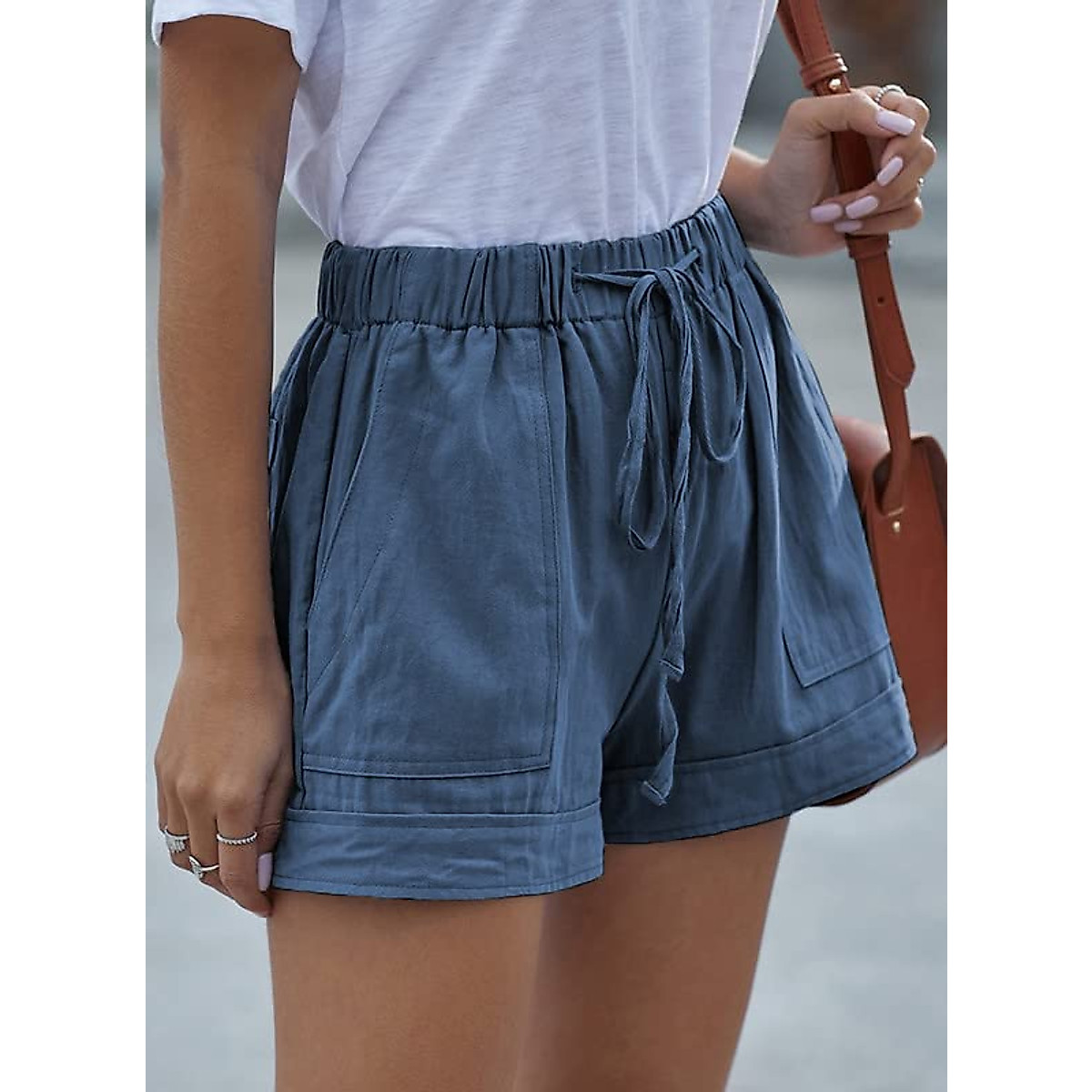 Dokotoo Womens 2023 Fashion Comfy Holiday Beach Drawstring Casual Summer Elastic Mid Waist Shorts with Pockets Blue Large