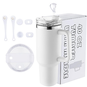 Xereizo 40 oz Tumbler with Handle and Straw, Leak Proof Stainless Steel Insulated Travel Coffee Tumbler Cups Lid and Straw, Iced for 40 Hours Cupholder Friendly Water Bottle Mug, Frost, White