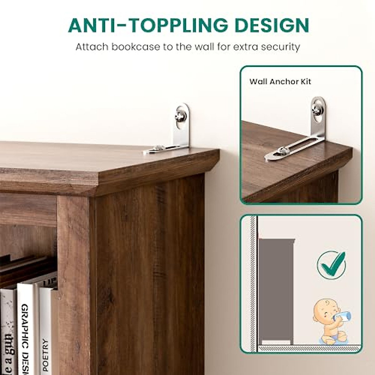 Naice Bookshelf 70" Tall Bookcase, 5 Shelf Book Shelf with Glass Doors Adjustable Display Storage Shelves Wood Large Bookshelf Furniture for Bedroom Home Office Living Room