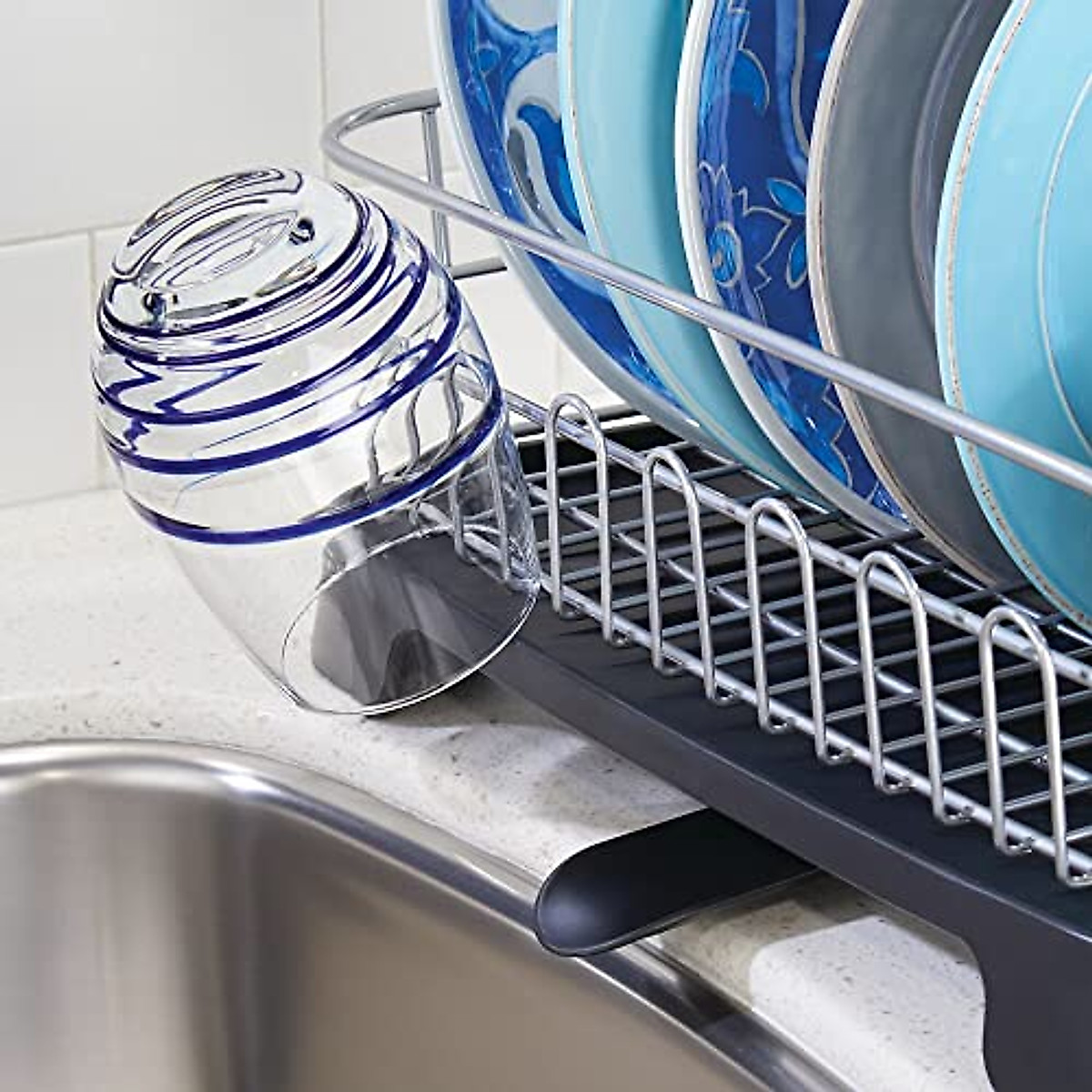 mDesign Alloy Steel Sink Dish Drying Rack Holder w/Plastic Swivel Spout Drainboard Tray - Dish Rack/Dish Drainer Storage Organizer for Kitchen Counter - Holds Plates, Concerto Collection, Silver/Black