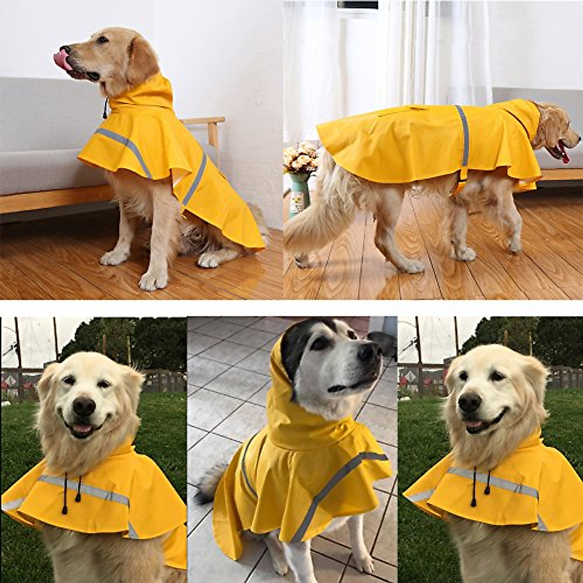 NACOCO Large Dog Raincoat Adjustable Pet Water Proof Clothes Lightweight Rain Jacket Poncho Hoodies with Strip Reflective (XL, Yellow)…