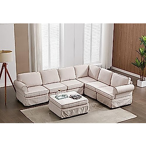 Merax 108.6" Fabric Upholstered Sectional Sofa,Modular Customizable Couch with Removable Ottoman for Living Room,Linen L U Shaped, Beige