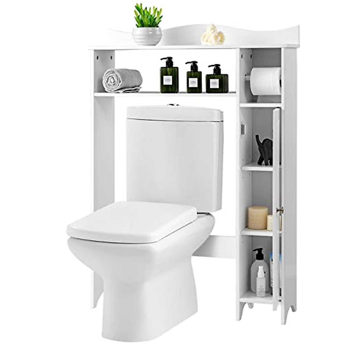 Hysache Over-The-Toilet Storage Organizer, Home Bathroom Space Saver w/ 2 Long Open Shelves, 1-Door Cabinet, Adjustable Shelf, Anti-Toppling Storage Rack, Freestanding Organizer Toilet Rack Stand