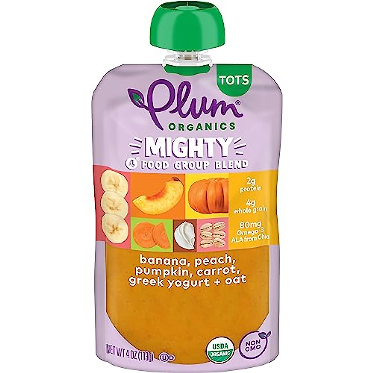 Plum Organics Mighty 4 Organic Toddler Food - Banana, Peach, Pumpkin, Carrot, Greek Yogurt, and Oat - 4 oz Pouch (Pack of 12) - Organic Fruit and Vegetable Toddler Food Pouch