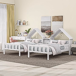 SOFTSEA Twin and Twin Bed Frame with House-Shaped Headboard and Built-in Nightstand 2 Beds in One for Juniors Kids