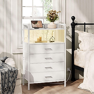 KAI-ROAD White Dresser for Girls Bedroom, 4 Drawer Dresser with LED Light and Charging Station, Tall Nightstand Large Kids Dresser with Open Shelf