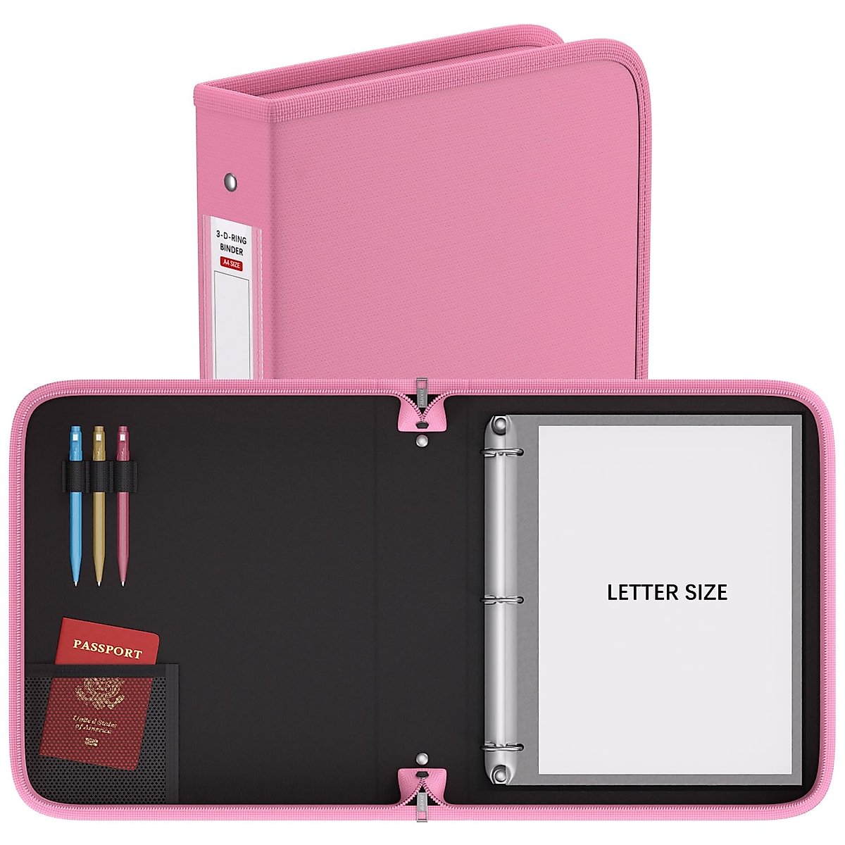 ZOOPIP Fireproof 3 Ring Binder with Zipper, 1.5 Inch D Rings Hold up 375 Sheets of 8.5" x 11" (A4), Compatible with Clear Page Protectors, Built-in Net and Pen Holder(Pink, 1 Pcs)