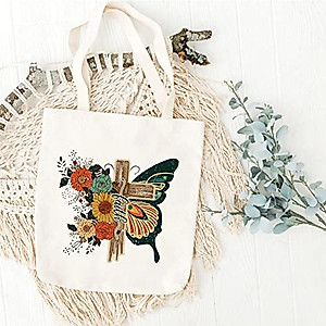 Christian Canvas Tote Bags for Women Flower Butterfly Faith Cross Shoulder Bag Shopping Bag Christian Gift White