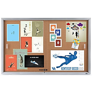 5' x 3' Enclosed Bulletin Board with Sliding Glass Doors, Cork Board Display Surface, 60" x 36" Message Board for Wall Mount, Mounting Bracket Included, Silver, Aluminum Frame