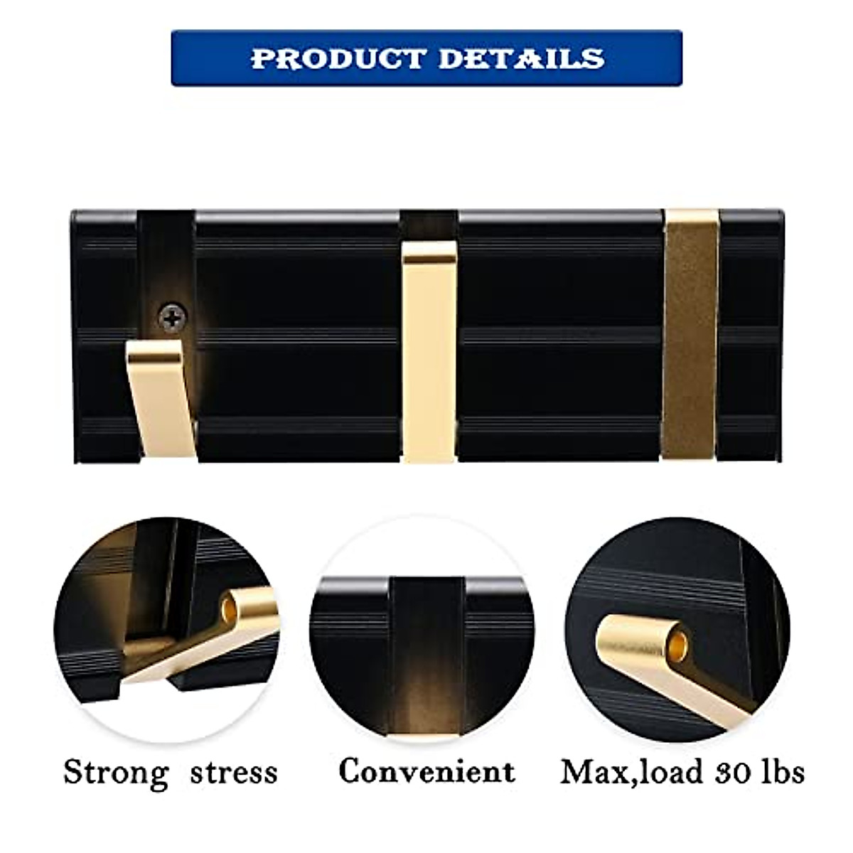 Potaosey Black Gold Wall Coat Rack, Modern Wall Mounted Coat Rack with 3 Hook,Folding Wall Hooks Rack for Bathroom, Bedroom, Entryway,Coat,Hat