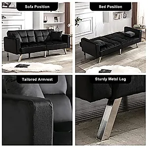 civama Futon Sofa Bed, 74" Modern Velvet Convertible Folding Lounge Couch, Upholstered Twin Size Sleeper Sofa with Arm 2 Pillows Split Back Design and Silver Metal Legs for Compact Space, Black