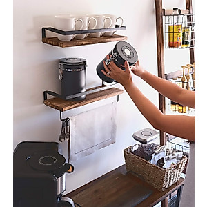 Peter's Goods Rustic Floating Wall Shelves with Rails - Decorative Storage for Kitchen, Bathroom, and Bedroom - Elegant, Modern Shelving - Torched Paulownia Wood, Matte Black Metal Frame - Set of 2